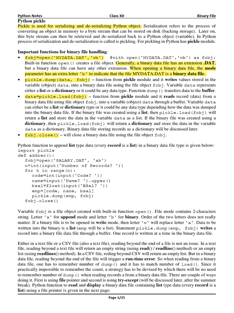 Python Pickle: Python Notes Class XII Binary File | PDF | Computer File ...