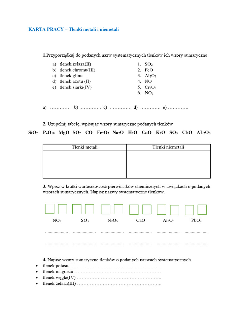 Tlenki Metali I Niemetali - Karta Pracy | PDF