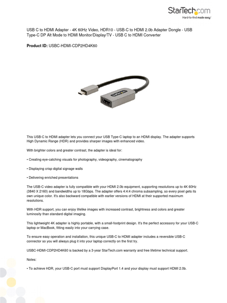 Usbc Hdmi cdp2hd4k60 - Datasheet | PDF | Hdmi | Usb