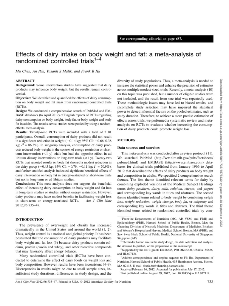 Effects of Dairy Intake on Body Weight and Fat a Meta-Analysis of ... Effects of Dairy Intake on Body Weight and Fat a Meta-Analysis of ...