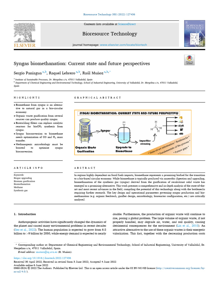 Paniagua-2022-Syngas Biomethanation-Current State and Future Perspectives | PDF | Gasification ...