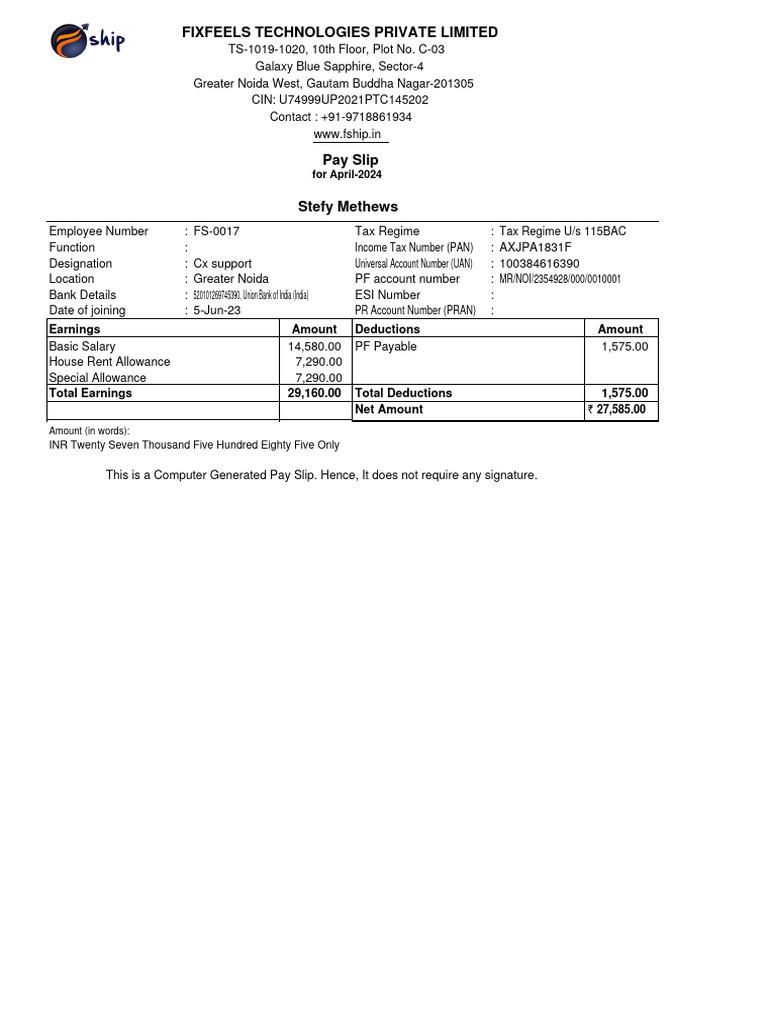 Pay Slip April-24 | PDF