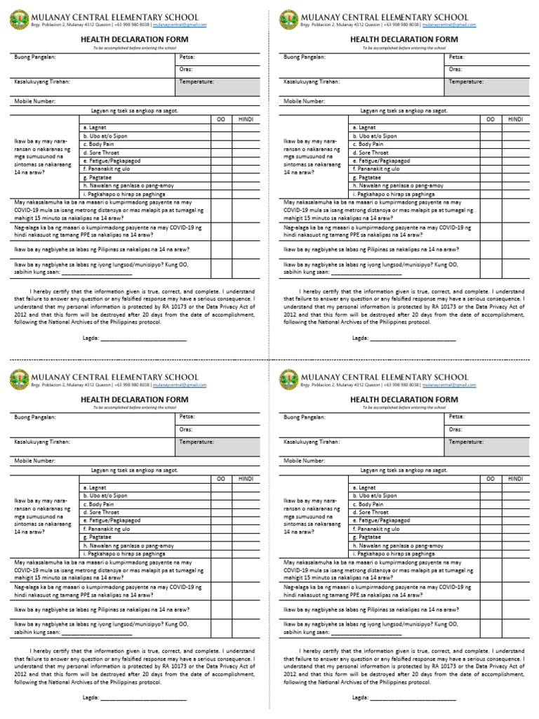 Health Declaration Form Short | PDF