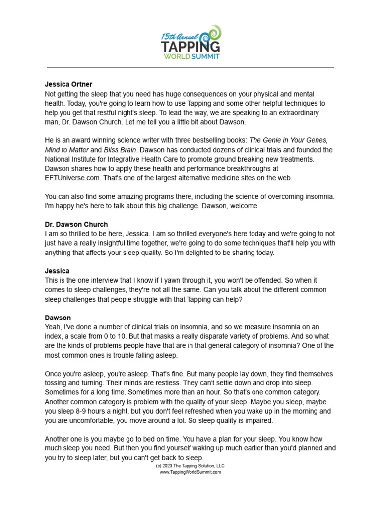 2023TWS DR Dawson Church Transcript | PDF | Sleep | Insomnia