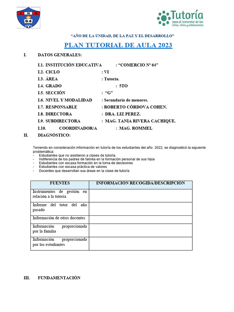 Plan Tutorial de Aula 5to G | PDF | Enseñando | Maestros