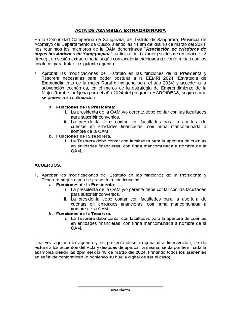 03 - Acta - Asamblea Extraordinaria Cambio de Estatuto de LLANKAY | PDF | Gobierno