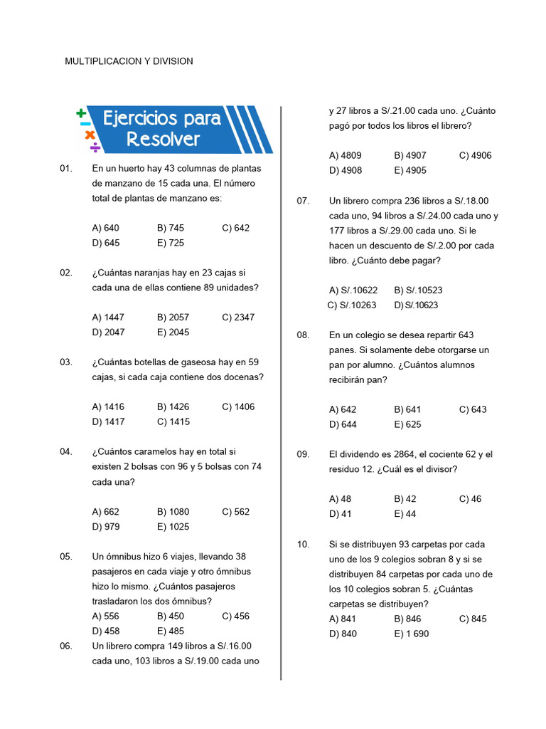 Multiplicaciones y Divisiones para Quinto Grado de Primaria | PDF ...