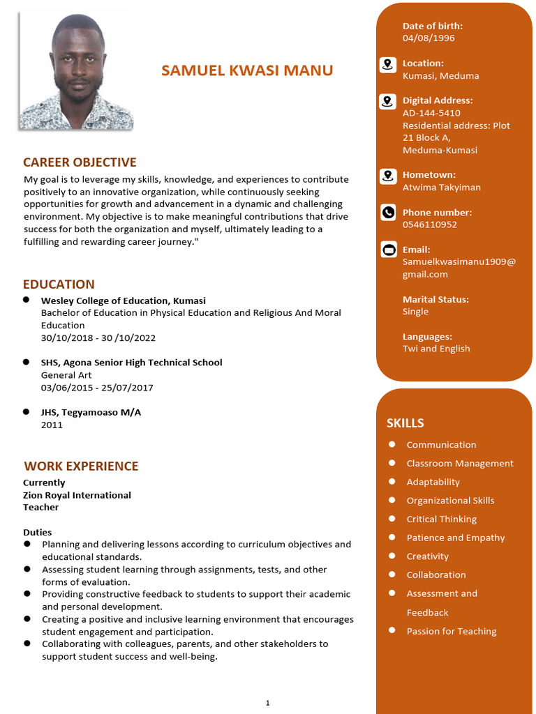 Samuel Kwasi Manu's CV | PDF | Teachers | Lesson Plan