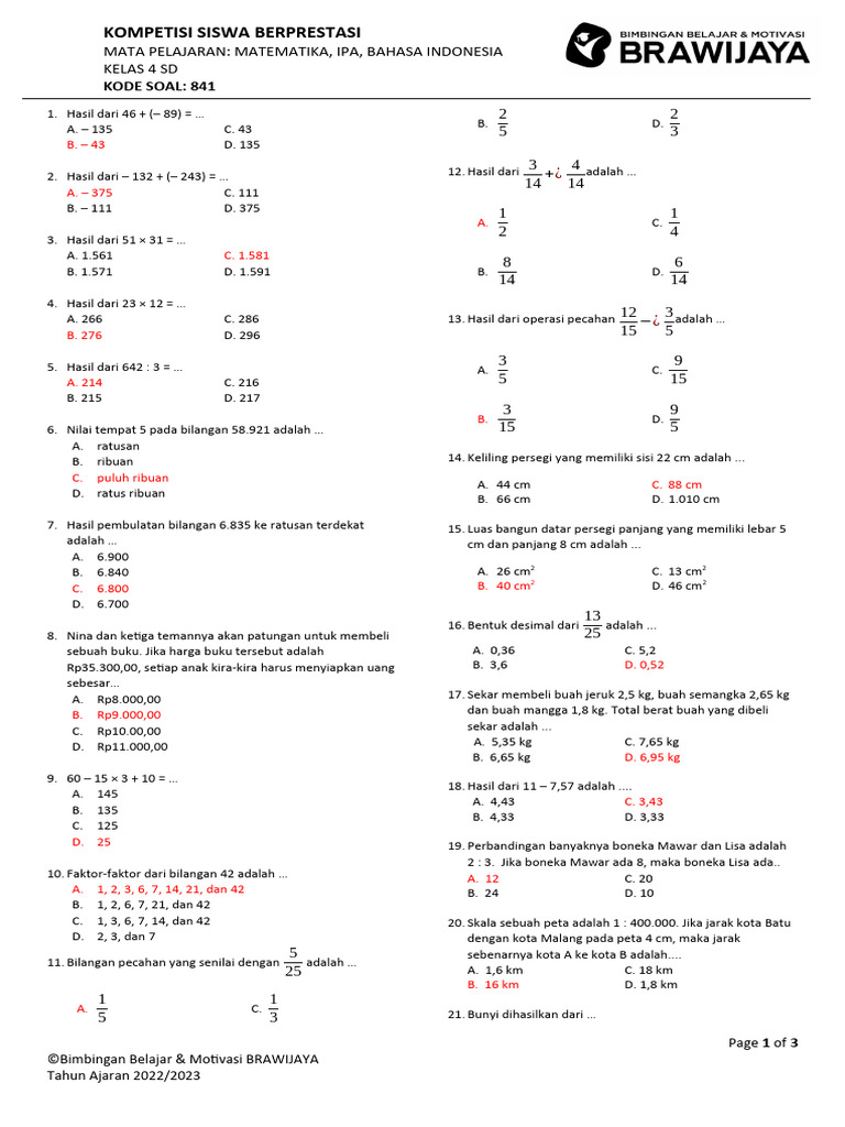Soal KSB 2022 Kelas 4 | PDF