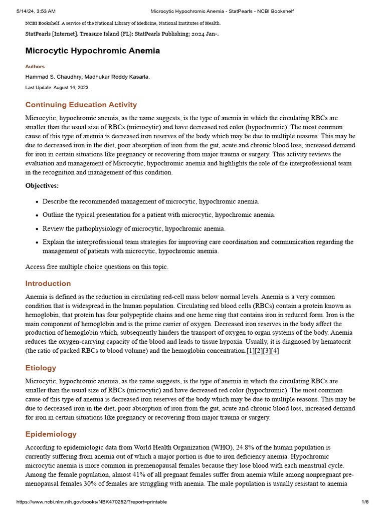 Microcytic Hypochromic Anemia - StatPearls - NCBI Bookshelf | Download ...