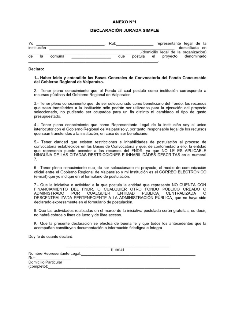 Anexo N°1 Declaración Jurada Simple (1) - 094837 | PDF