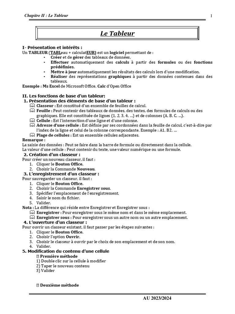 Introduction au Tableur et ses Fonctions | PDF | Feuille de calcul ...
