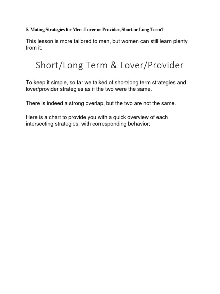 Mating Strategies: Lover vs Provider | PDF | Seduction | Behavioural ...
