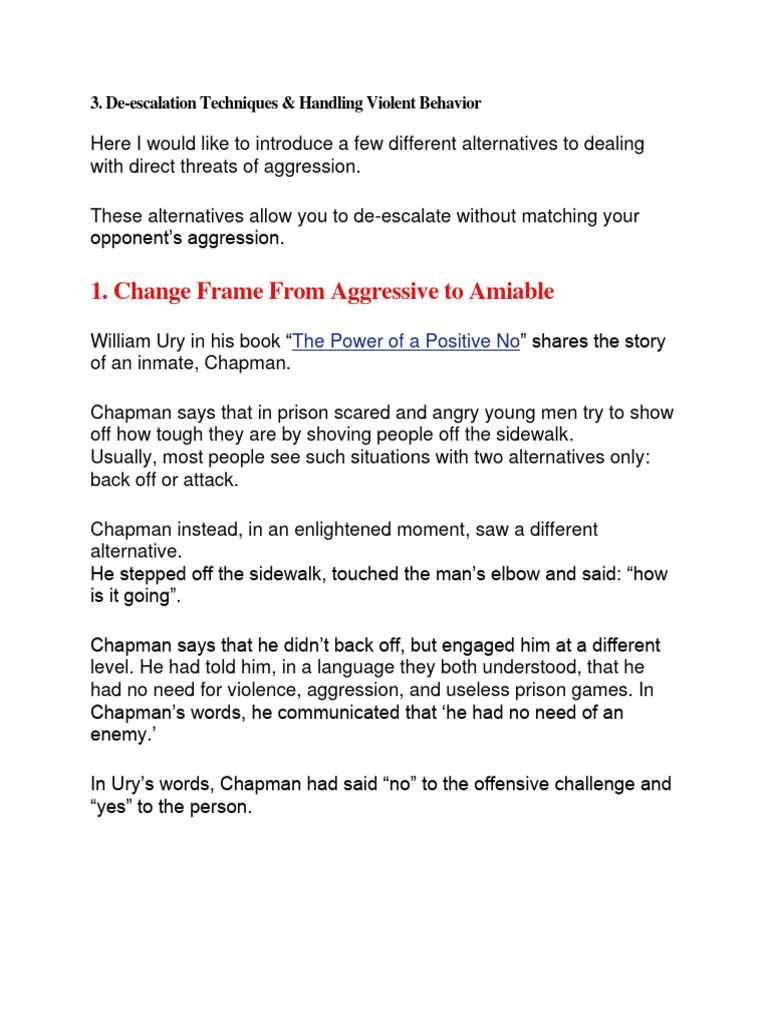 3. De-escalation Techniques & Handling Violent Behavior | PDF | Aggression | Bullying