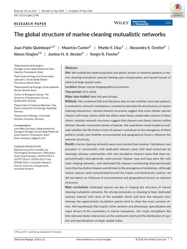 The Global Structure of Marine Cleaning Mutualistic Networks | PDF ...