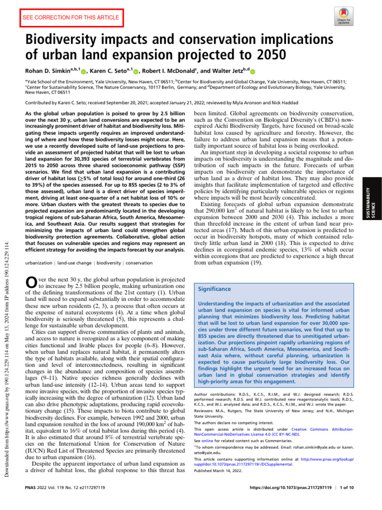 Simkin Et Al 2022 Biodiversity Impacts and Conservation Implications of Urban Land Expansion ...