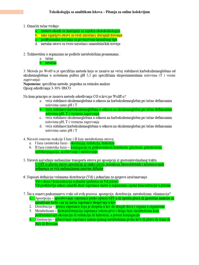 Toksikologija - Pitanja Za Online Kolokvijum 2023. SA NOVIM PITANJIMA | PDF