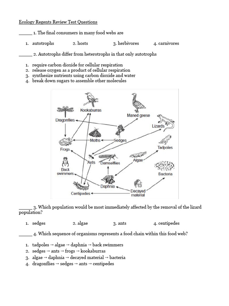 Ecology Regents Test Questions | PDF | Food Web | Biology