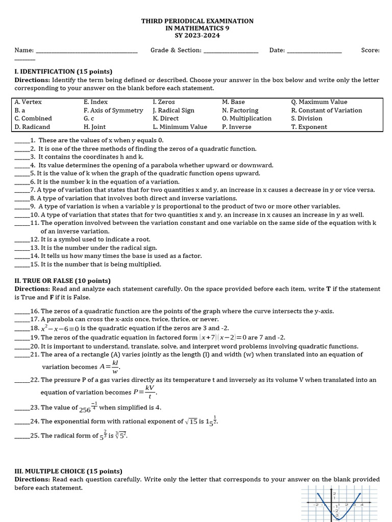 PT Math9 Q3 | PDF | Quadratic Equation | Elementary Mathematics