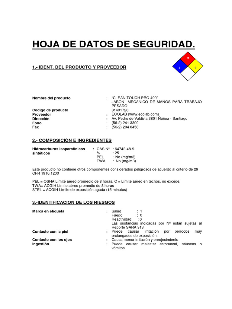 Clean Touch Pro 400: Hoja de Seguridad | PDF | Agua