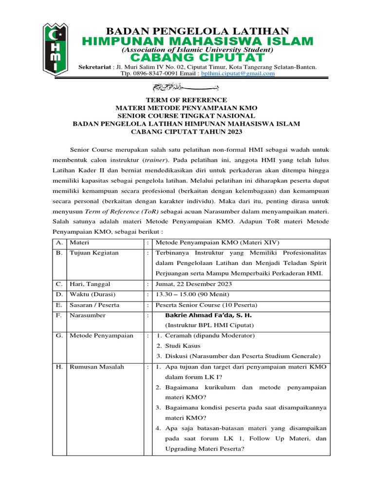 14 - Tor Metode Penyampaian Materi Kmo | PDF | Karier & Perkembangan