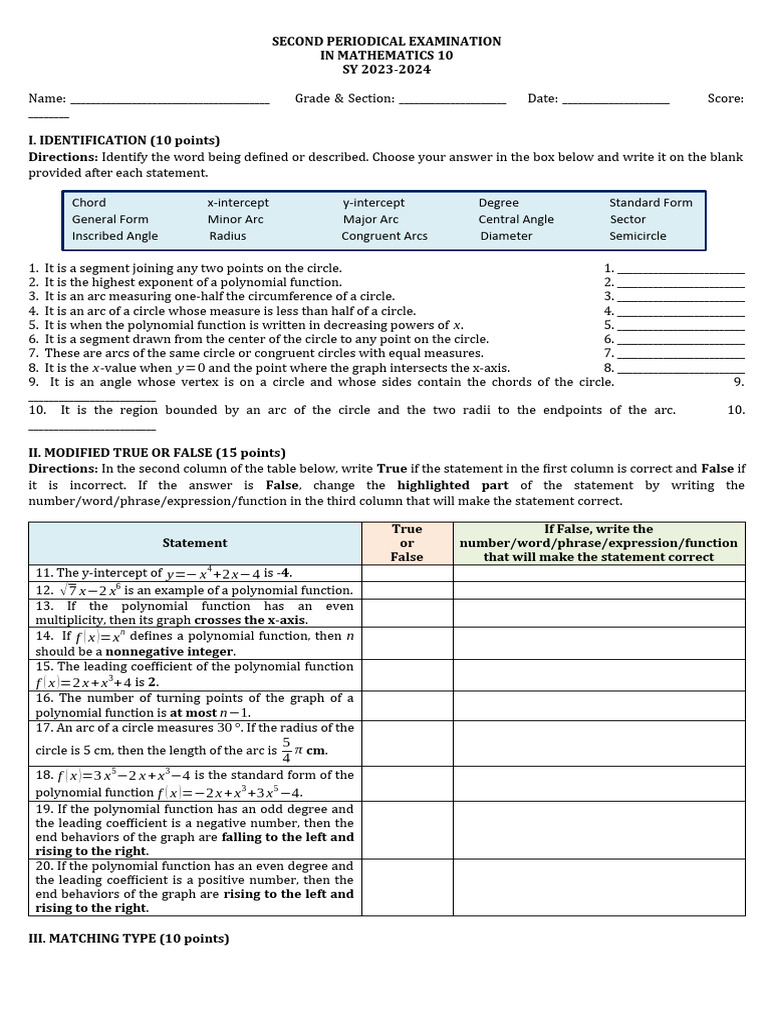 PT - Mathematics 10 - Q2 | PDF | Circle | Function (Mathematics)