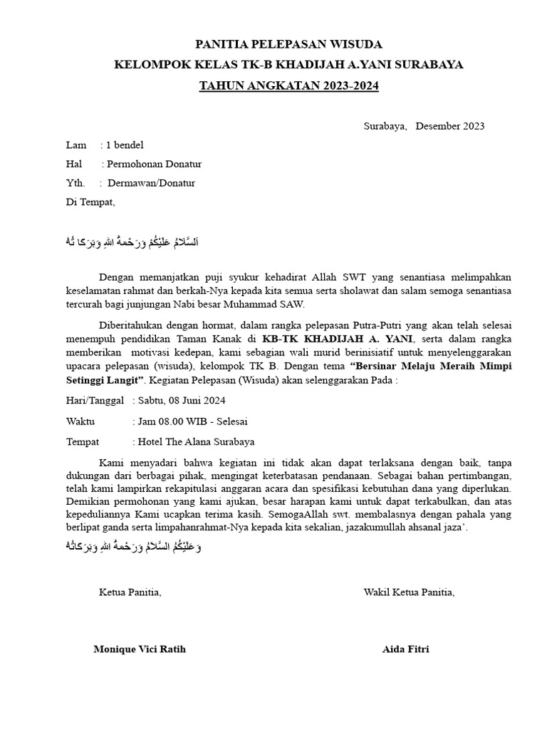 Proposal Wisuda TK B Khadijah 2024 | PDF