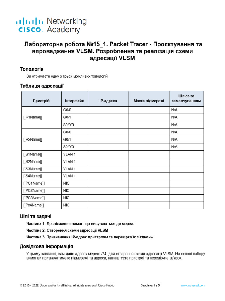 Л.р.15 - 1.Packet Tracer - VLSM Design and Implementation Practice | PDF