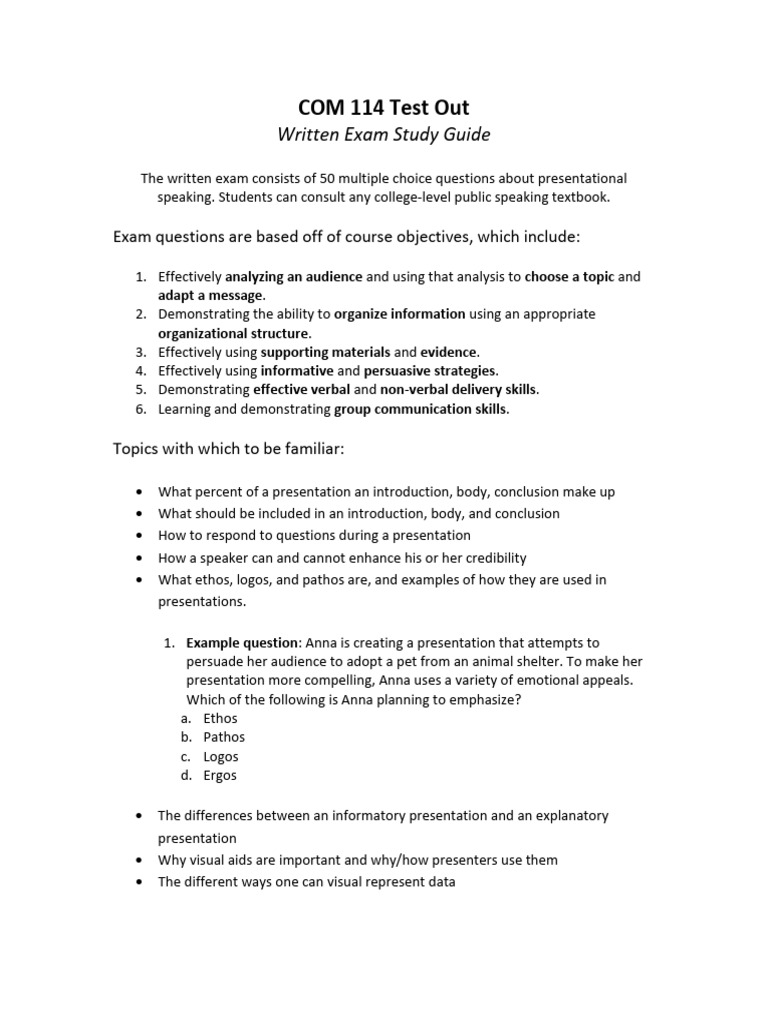 COM 114 Test Out Study Guide | PDF | Public Speaking | Human Communication
