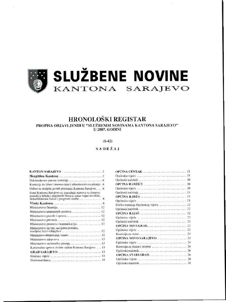 Službene Novine Kantona Sarajevo - Hronološki Registar Propisa ...