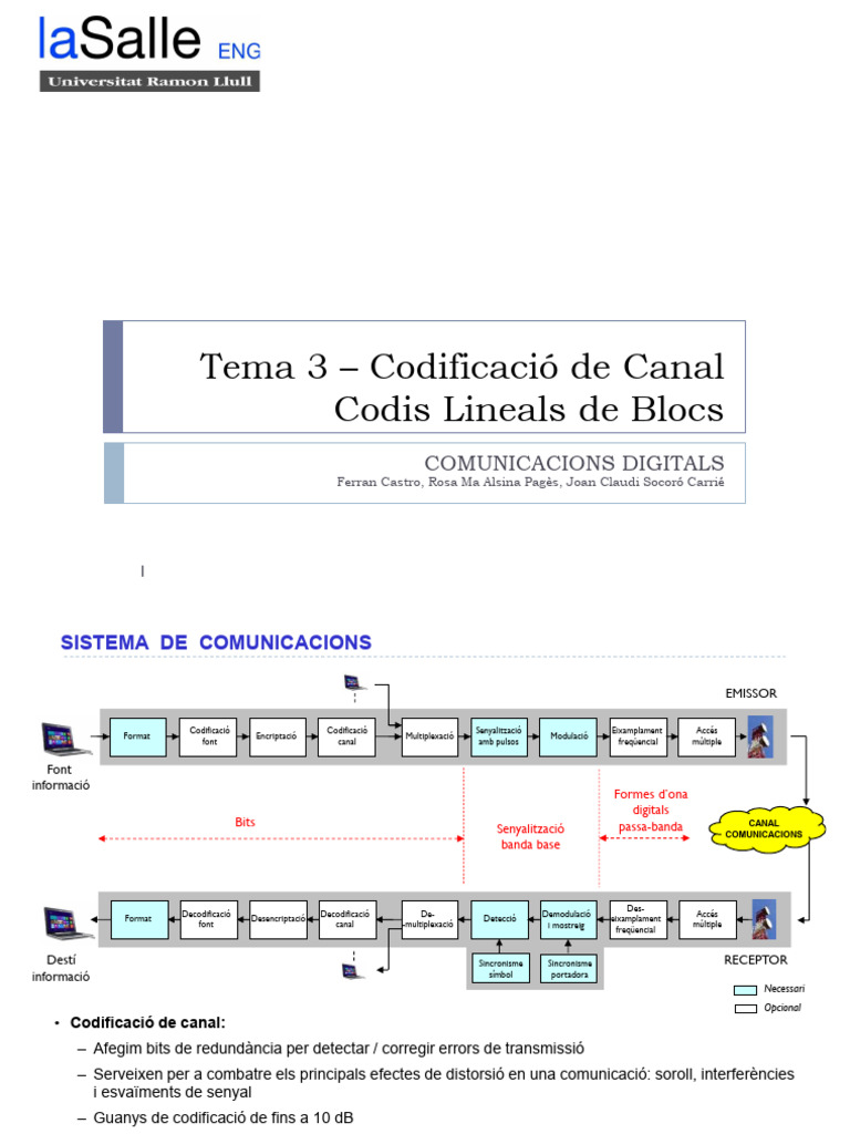 Tema 3 - (1) Codificació de Canal - Codis Lineals de Blocs | PDF