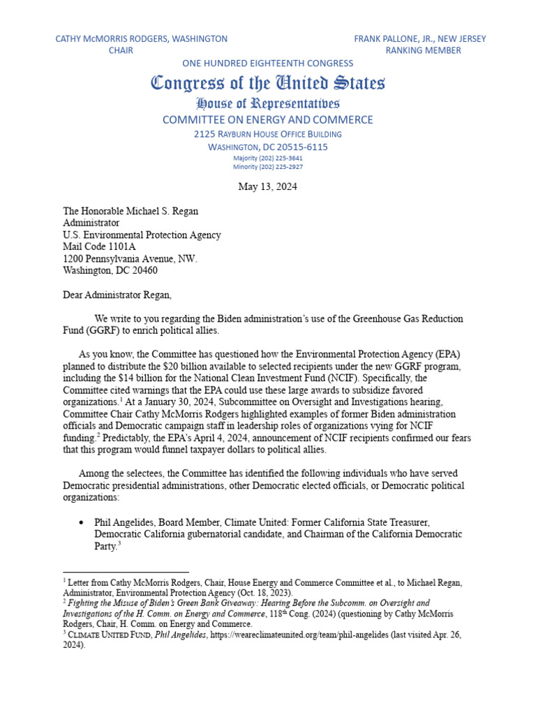 Letter To EPA Regarding GGRF NCIF Recipients | Download Free PDF ...