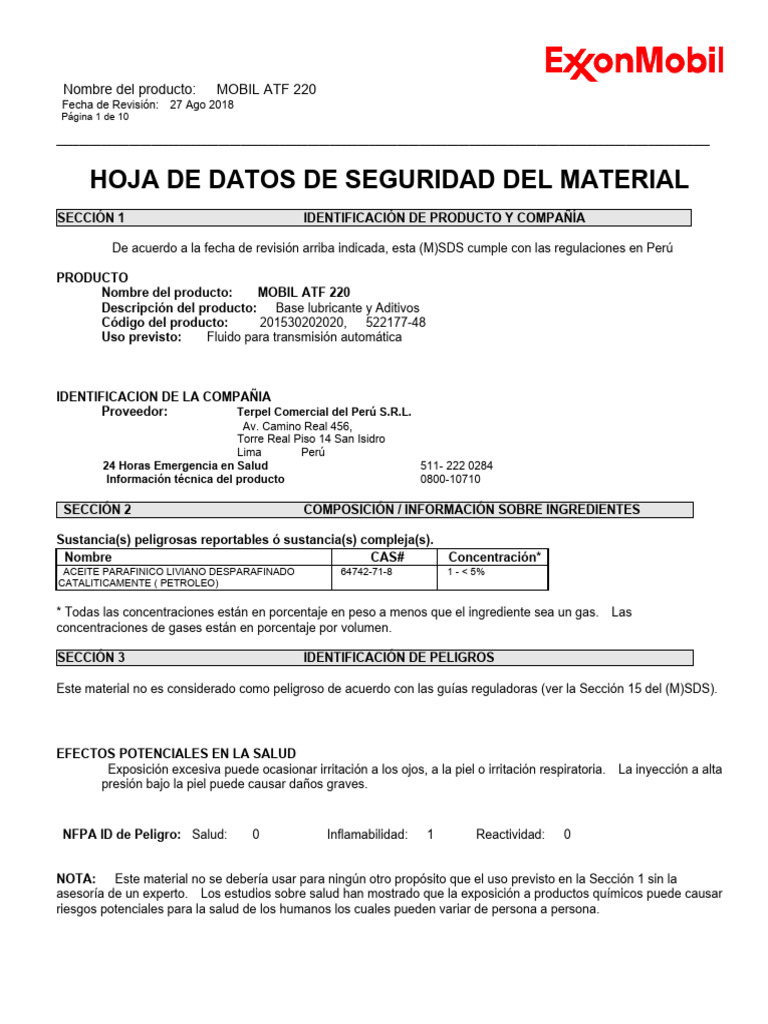 Hoja de Datos de Seguridad Del Material: Nombre Del Producto: MOBIL ATF 220 | PDF | Descarga ...