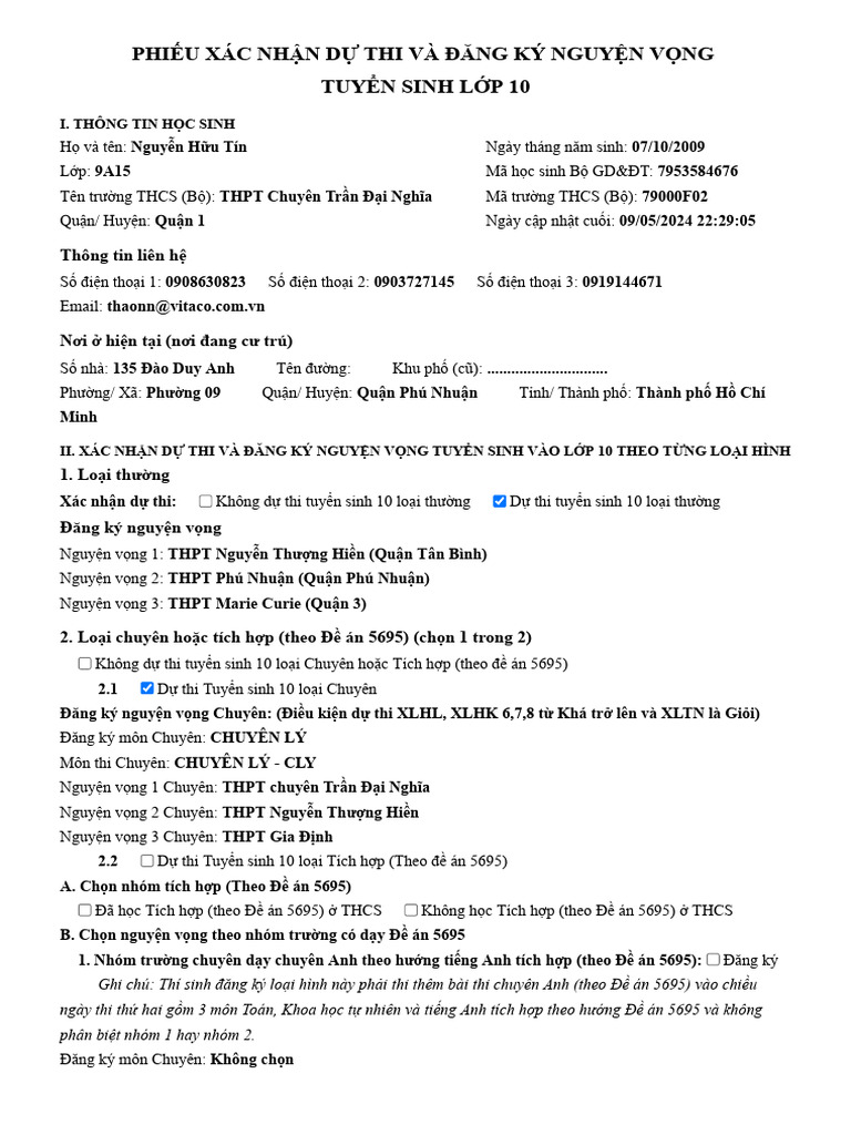 Phieu Dang Ky NguyenHuuTin | PDF