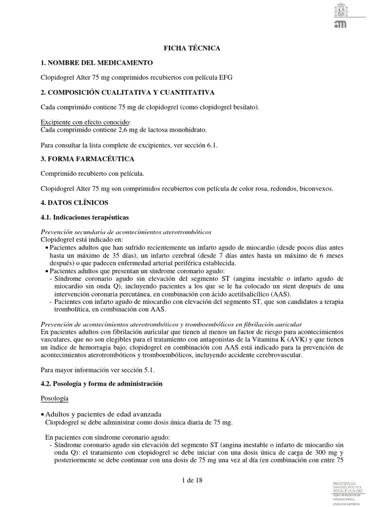 Clopidogrel Alter 75 mg: Uso y Precauciones | PDF | Droga anti ...