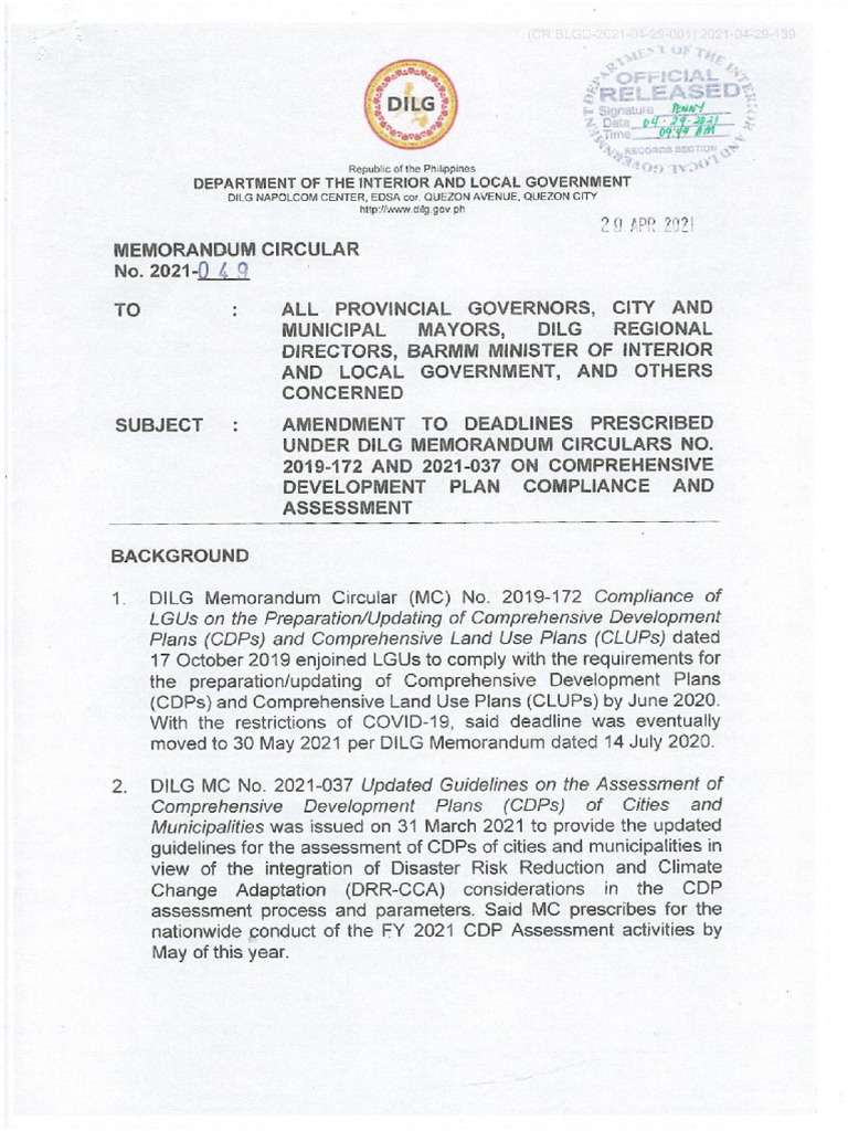 DILG MC 2021-049 - Amendment To Deadlines On CDP Compliance and Assessment | PDF