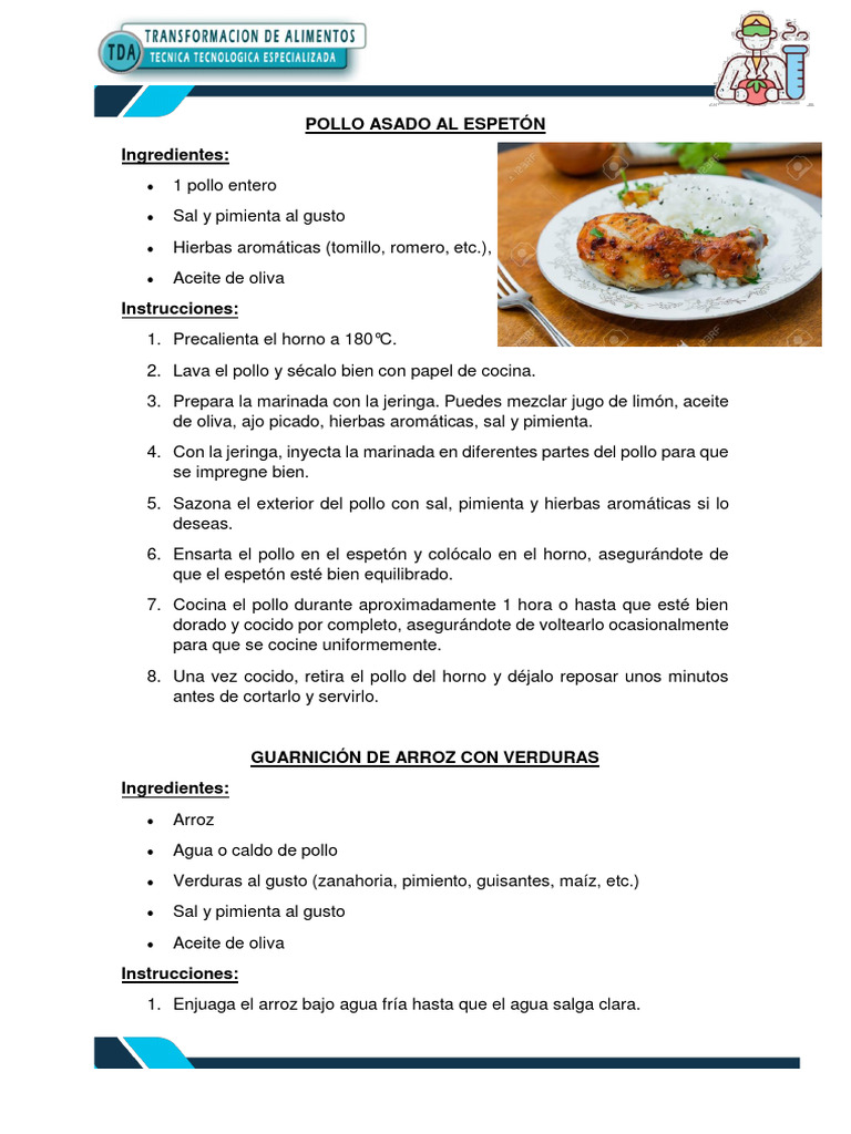 Pollo Asado al Espetón y Guarniciones | PDF | ensalada | Sopa de pollo