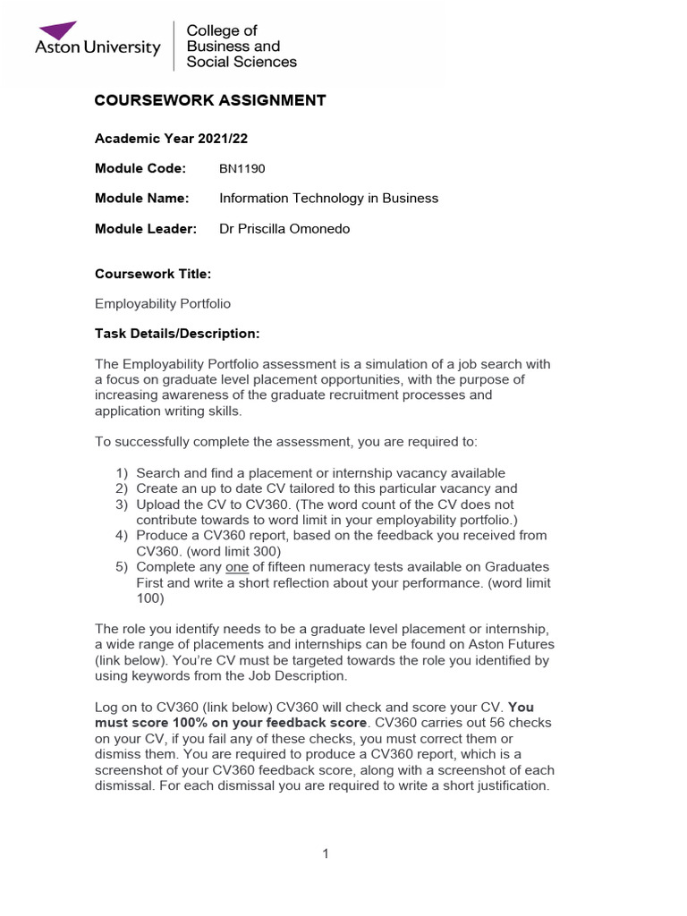Employability Portfolio Coursework Guide BN1190 2021 | PDF | Recruitment | Cognition