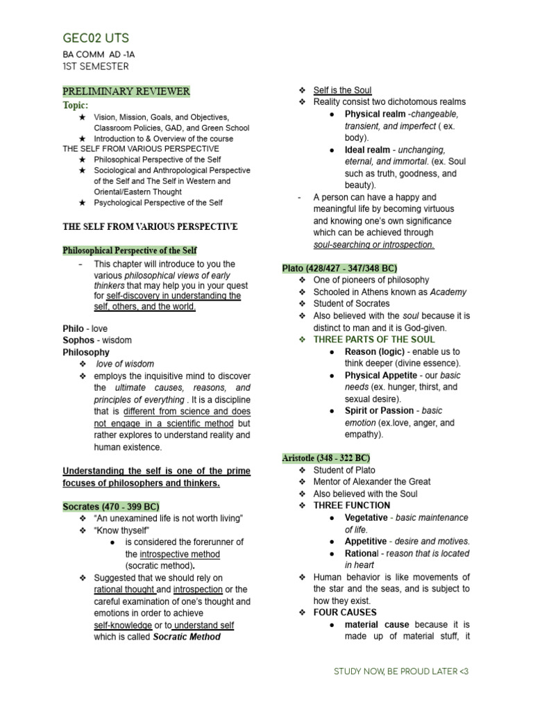 Uts Reviewer For Prelim 1 | PDF | Philosophy Of Self | Soul