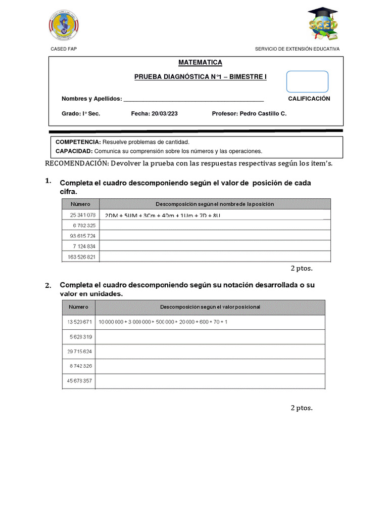 Prueba Diagnóstica de Matemáticas I° Sec. | PDF | Aritmética | Matemáticas