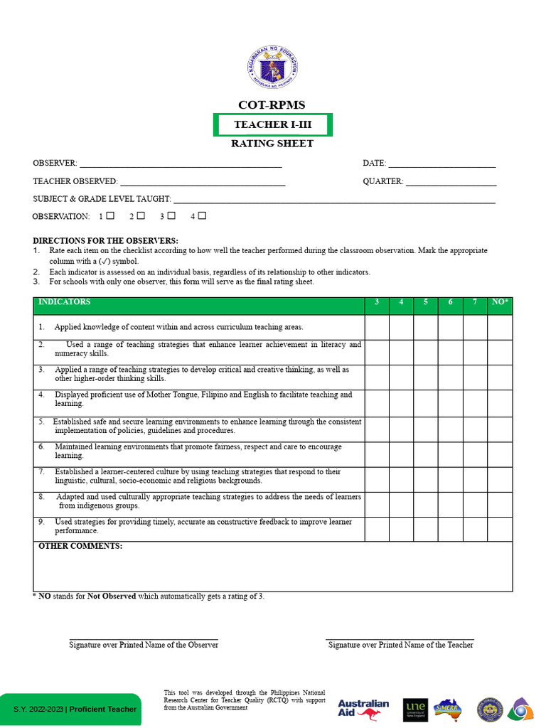 COT-RPMS Rating Sheet For SY 2024 | PDF | Teachers | Learning
