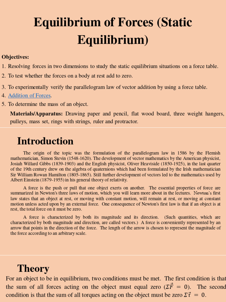 Equilibriumof Forces Static Equilibrium | PDF | Force | Euclidean Vector