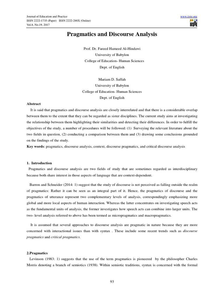 AL-HINDAW SAFFAH 2017 Pragmatics and Discourse Analysis | PDF | Linguistics | Discourse