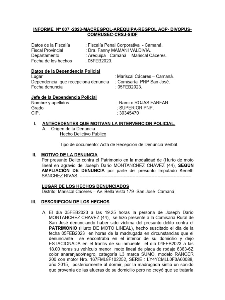 Informe Policial Hurto de Moto Lineal Joseph Montanchez Chavez. | Descargar gratis PDF ...