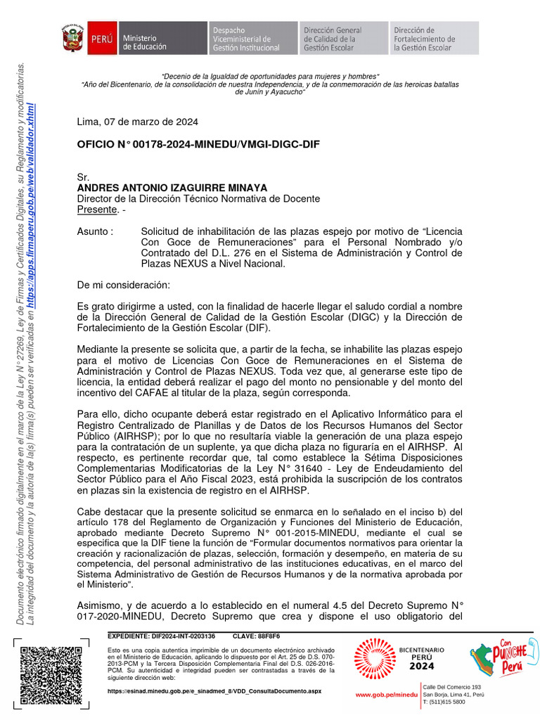 OFICIO-00178-2024-MINEDU-VMGI-DIGC-DIF LIc 2076 | PDF | Gestión de ...