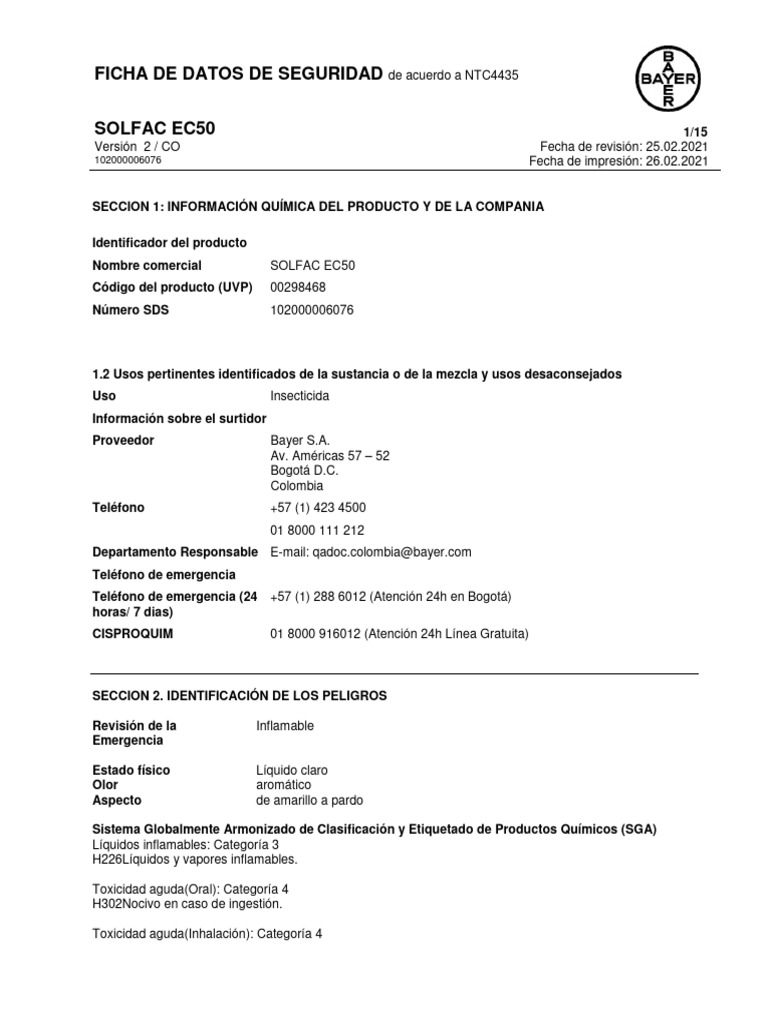 Ficha Seguridad SOLFAC EC50 Insecticida | PDF | Pesticida | Toxicidad