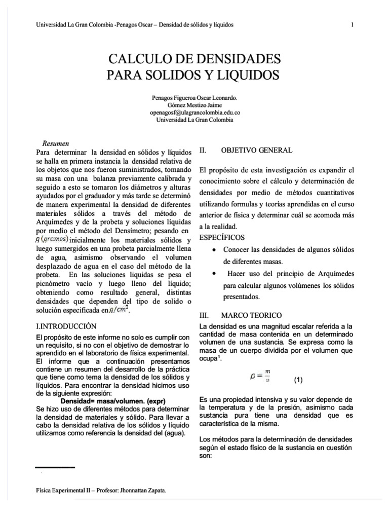 Pdf Informe De Laboratorio Densidad De Solidos Y Liquidos Compress