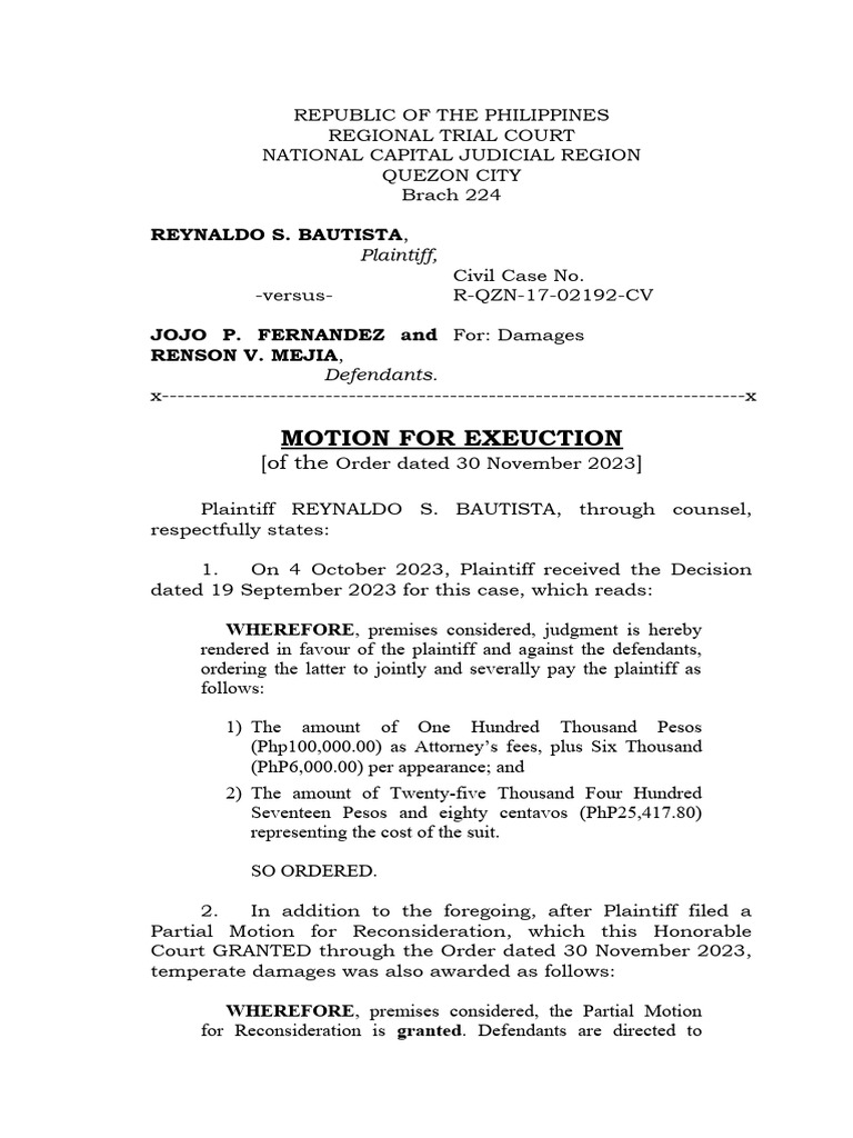 Motion For Execution - RSB v. Fernandez 5-10-24 | Download Free PDF | Lawsuit | Legal Procedure