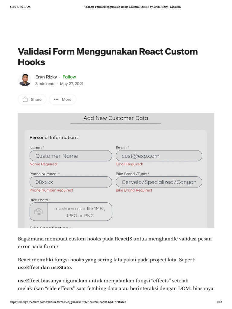 Validasi Form Menggunakan React Custom Hooks - by Eryn Rizky - Medium | PDF