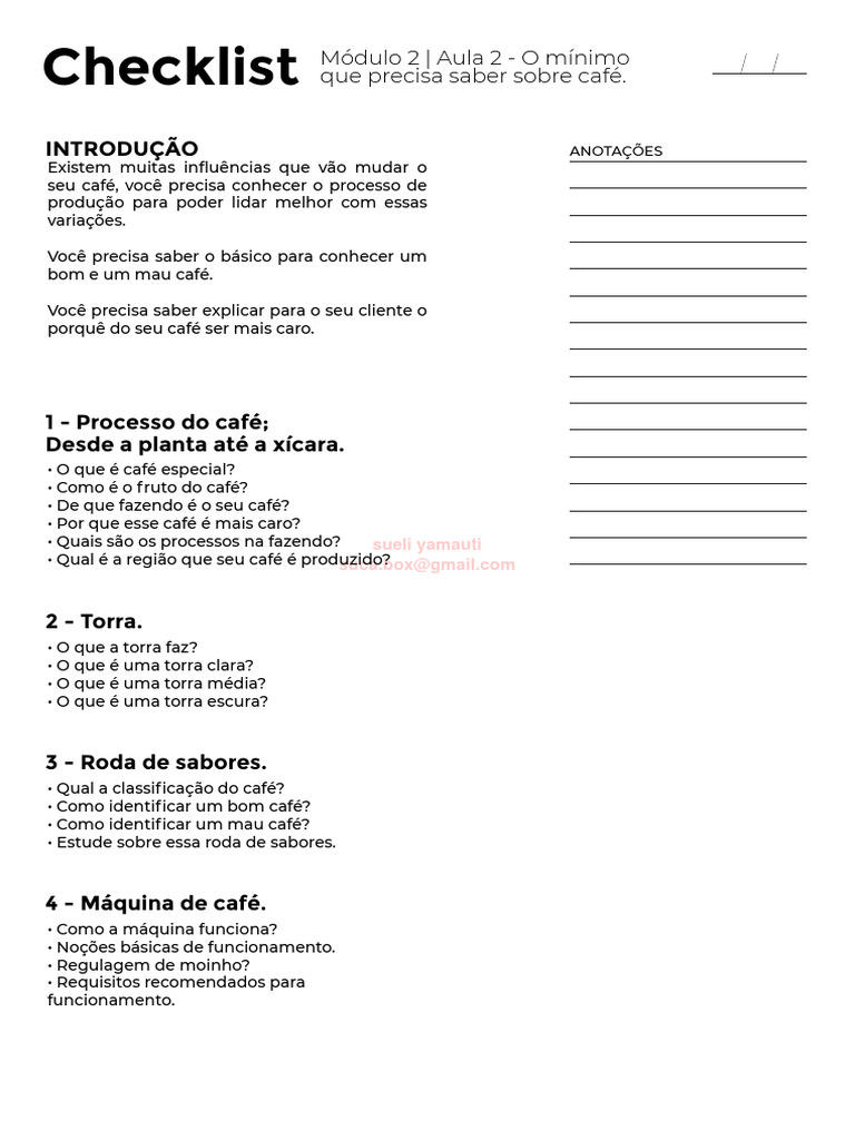 Checklist - Módulo 2 Aula 2 - O Mínimo Que Você Precisa Saber Sobre Café | PDF
